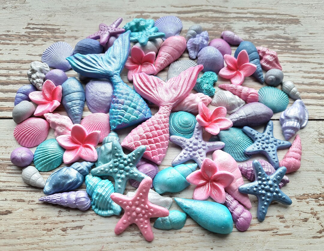 60 Pcs. Sugar Fondant Shells, Mermaid Fin, Mermaid Tail, Starfish ...