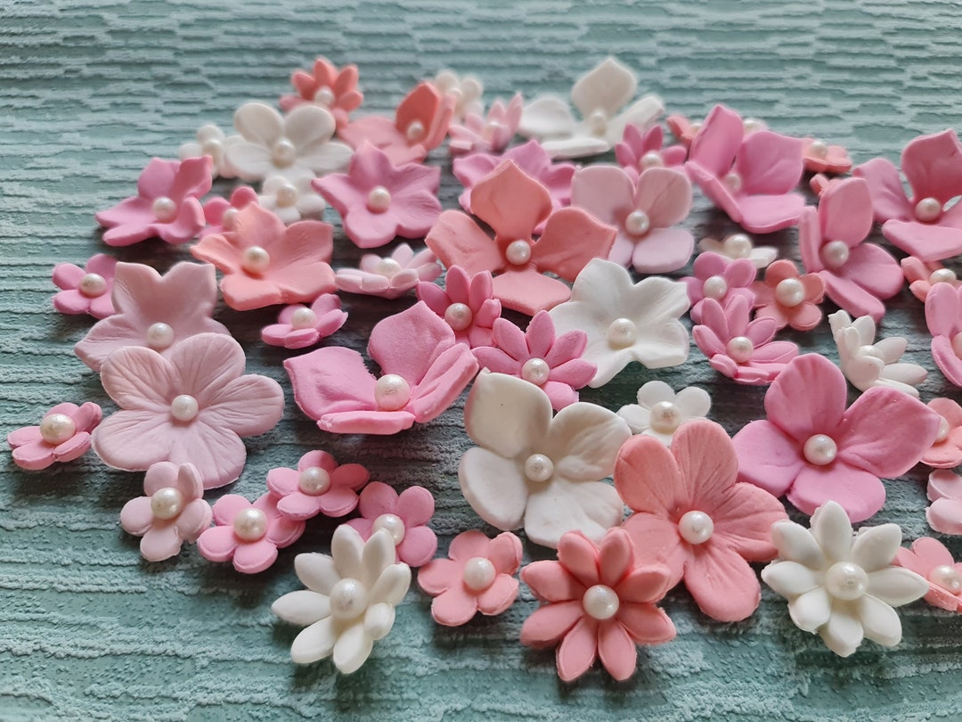 40 Pcs. Edible Sugar Fondant Flowers Cake Topper Decorations Raspberry ...