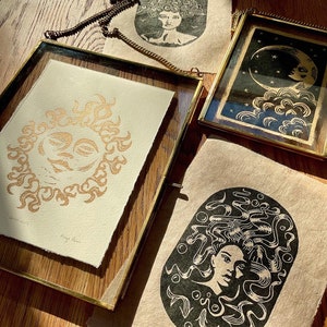 Sleeping Moon - Celestial Moon Art - Lino Print -original Art Print - Etsy