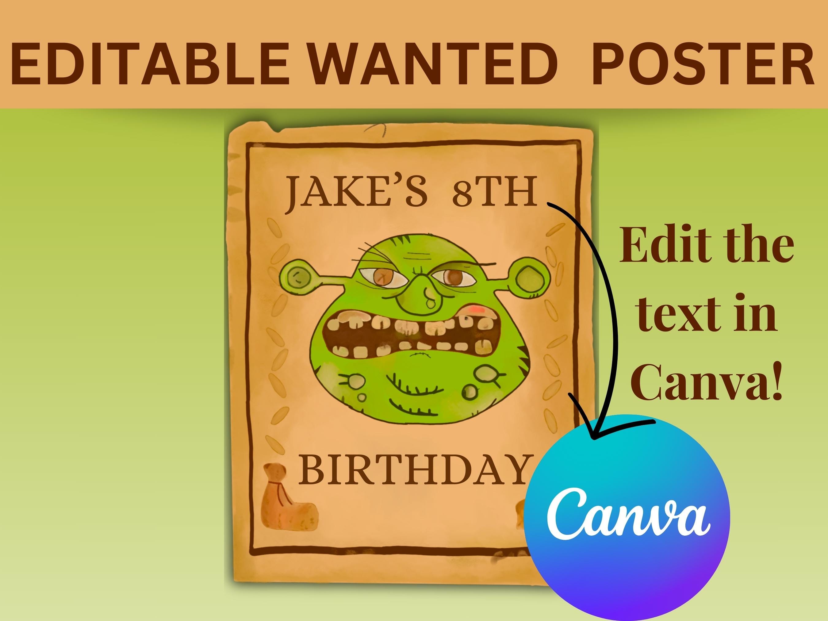 Shrek Editable Poster, Shrek Party, Editable Wanted Poster, Canva Template, Party Decor, Instant ...