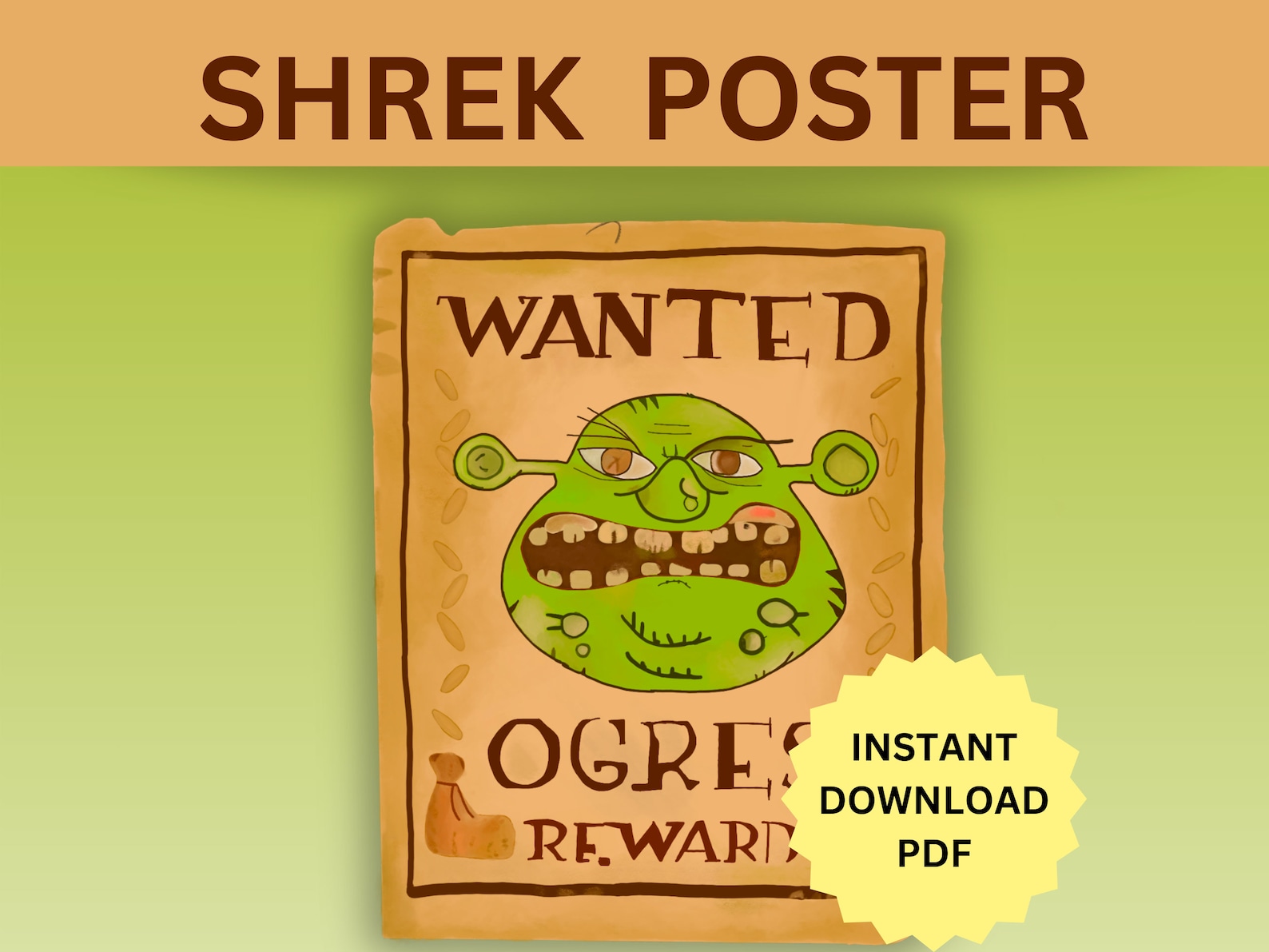 Shrek Wanted Poster | Digital Download, Shrek Party Decor, Shrek Gift ...