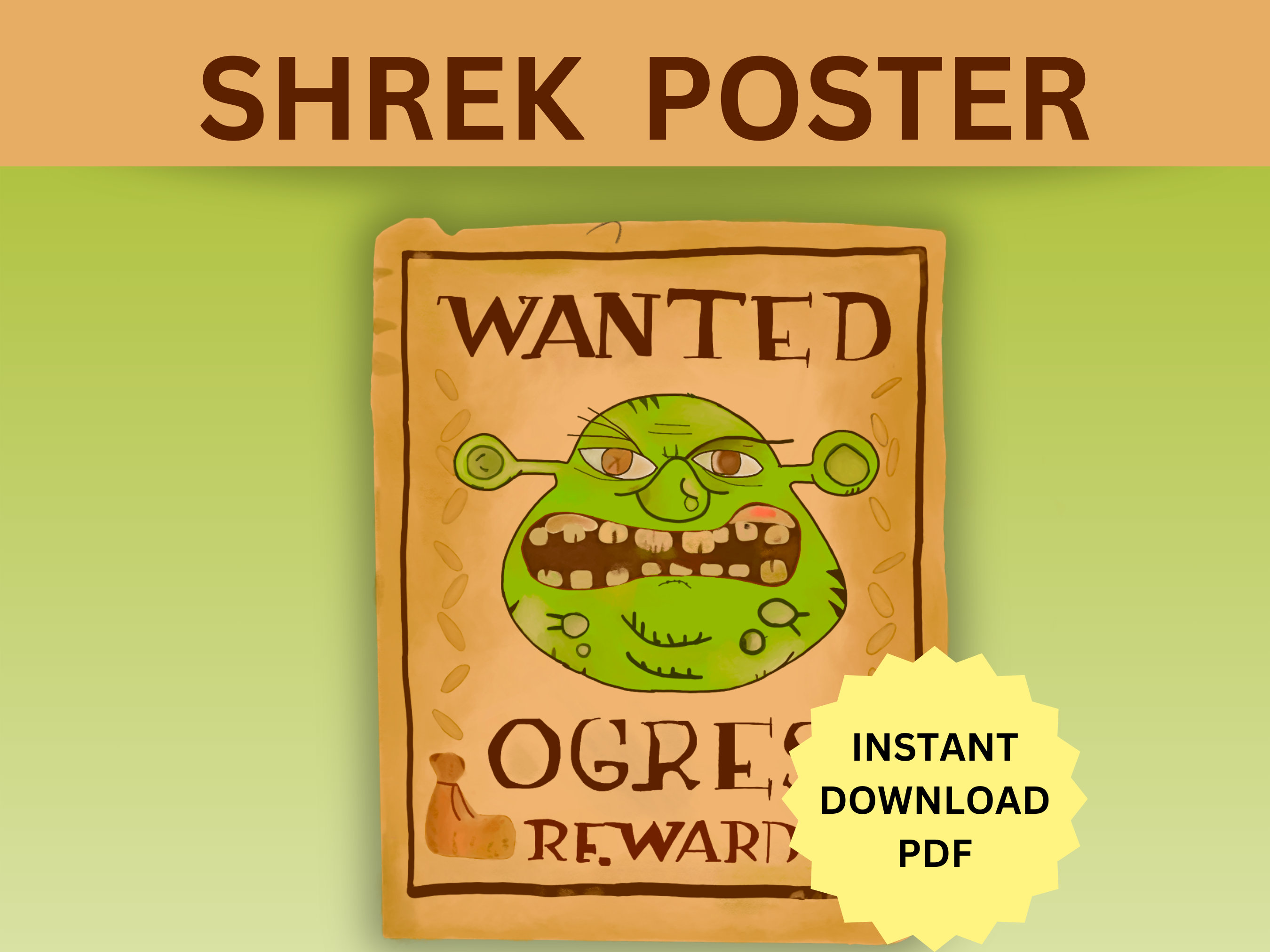 Shrek Wanted Poster | Digital Download, Shrek Party Decor, Shrek Gift ...
