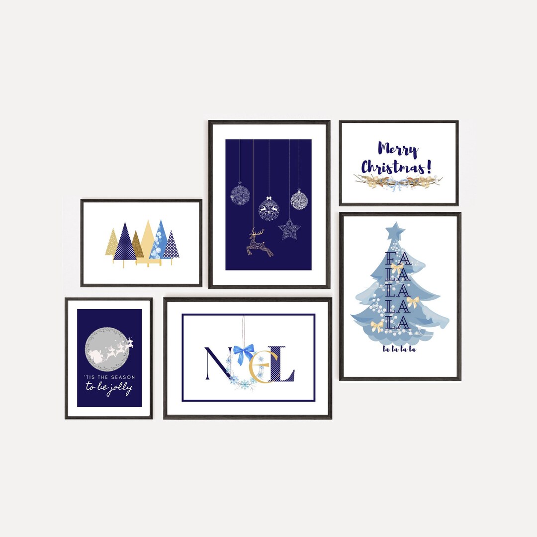 Set of 6 Blue and Gold Christmas Wall Decor, Christmas Printable ...