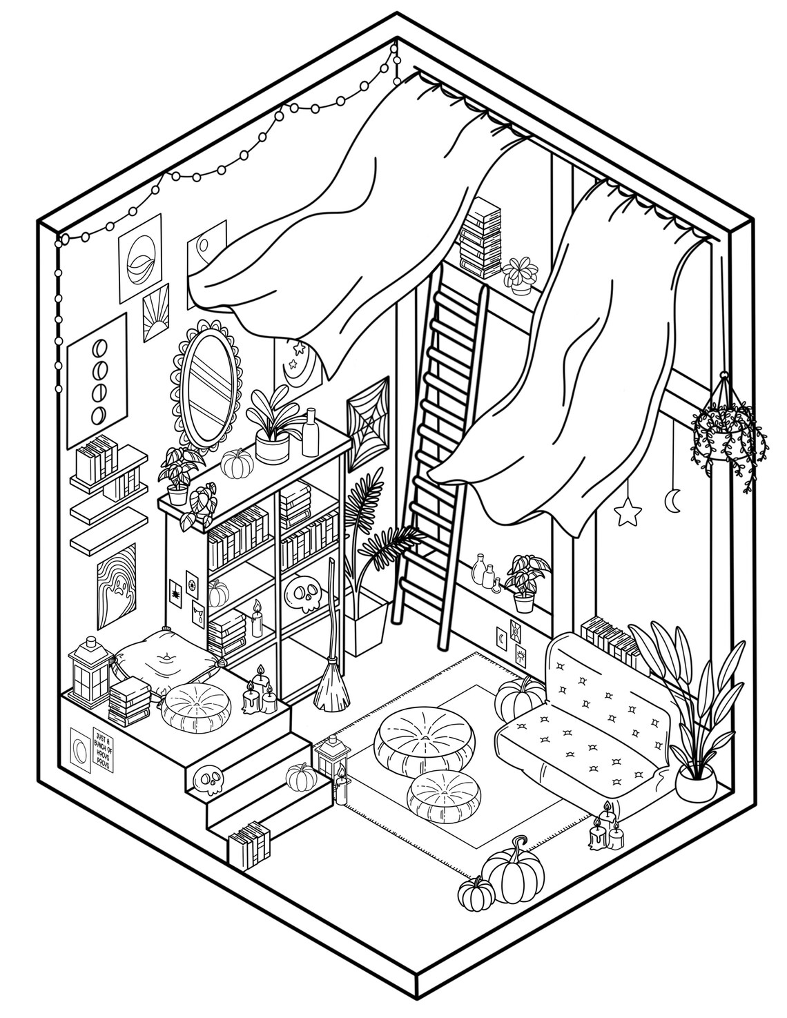 Witchs Book Nook Coloring Page Kawaii Coloring Page - Etsy