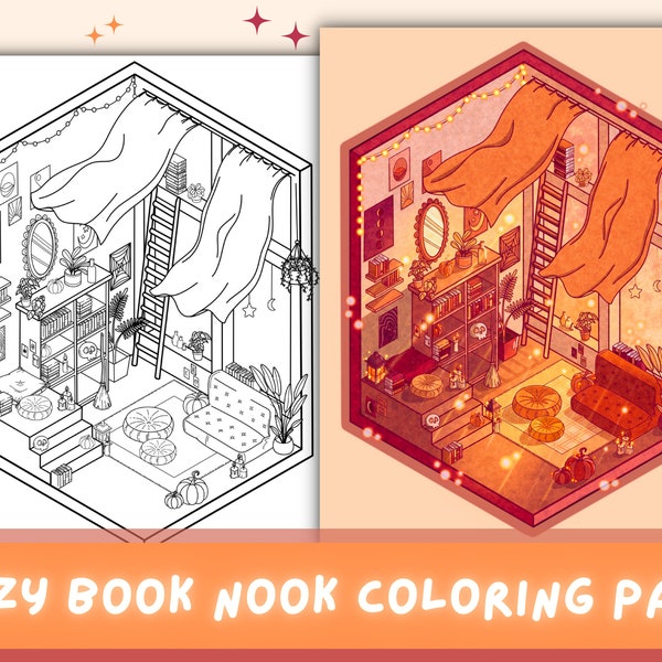 Book Nook Coloring Pages - Etsy