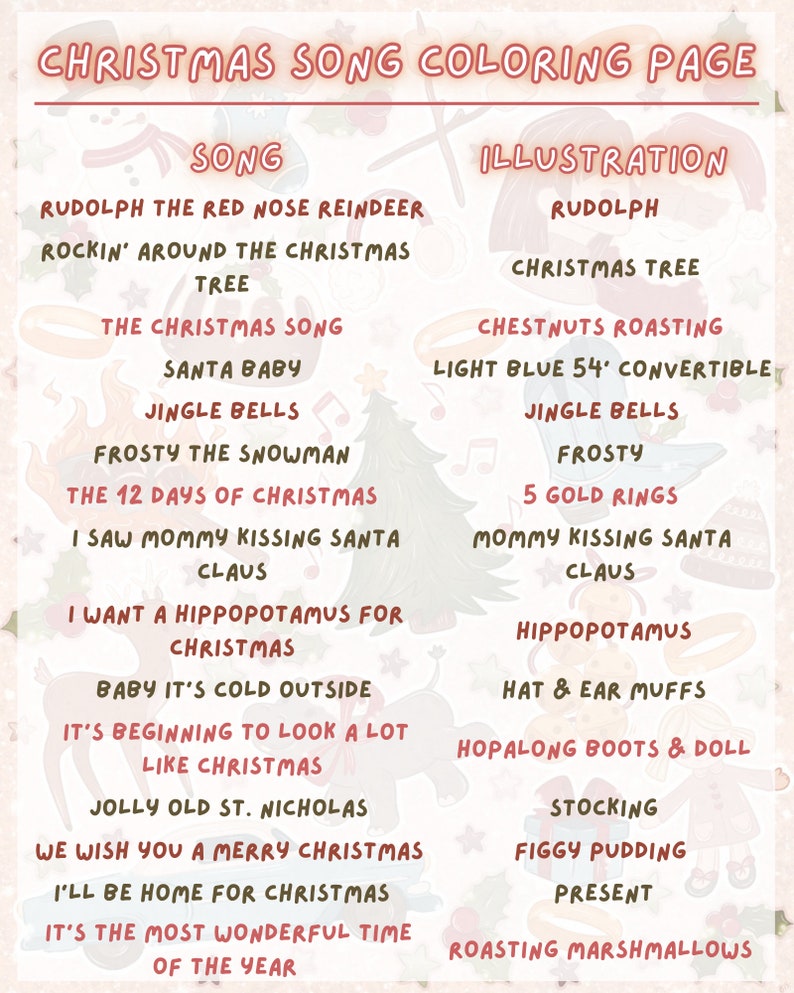 Christmas Songs Coloring Page | Holiday Activity (PNG, PDF) - Etsy