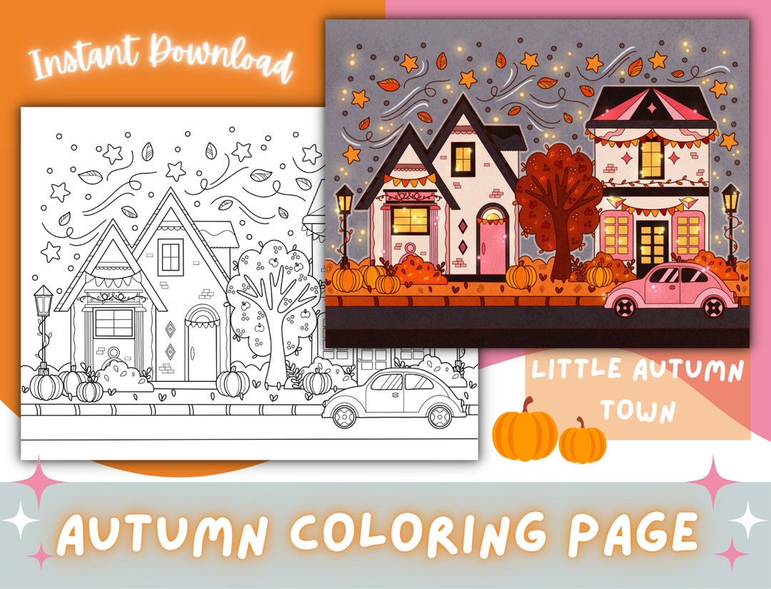 Cozy Autumn Town Coloring Page | Detailed Fall Scene Coloring Page (PNG ...