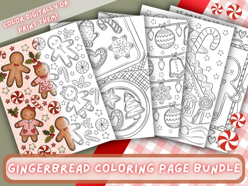Gingerbread Coloring Page Bundle | 5 Hand-drawn Designs (digital ...