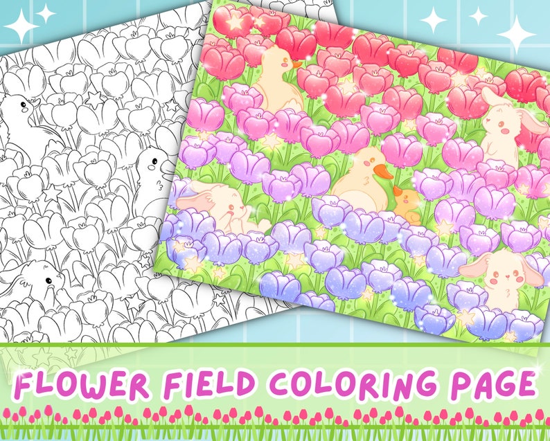 Flower Field Coloring Page Cute Kawaii Coloring Page - Etsy