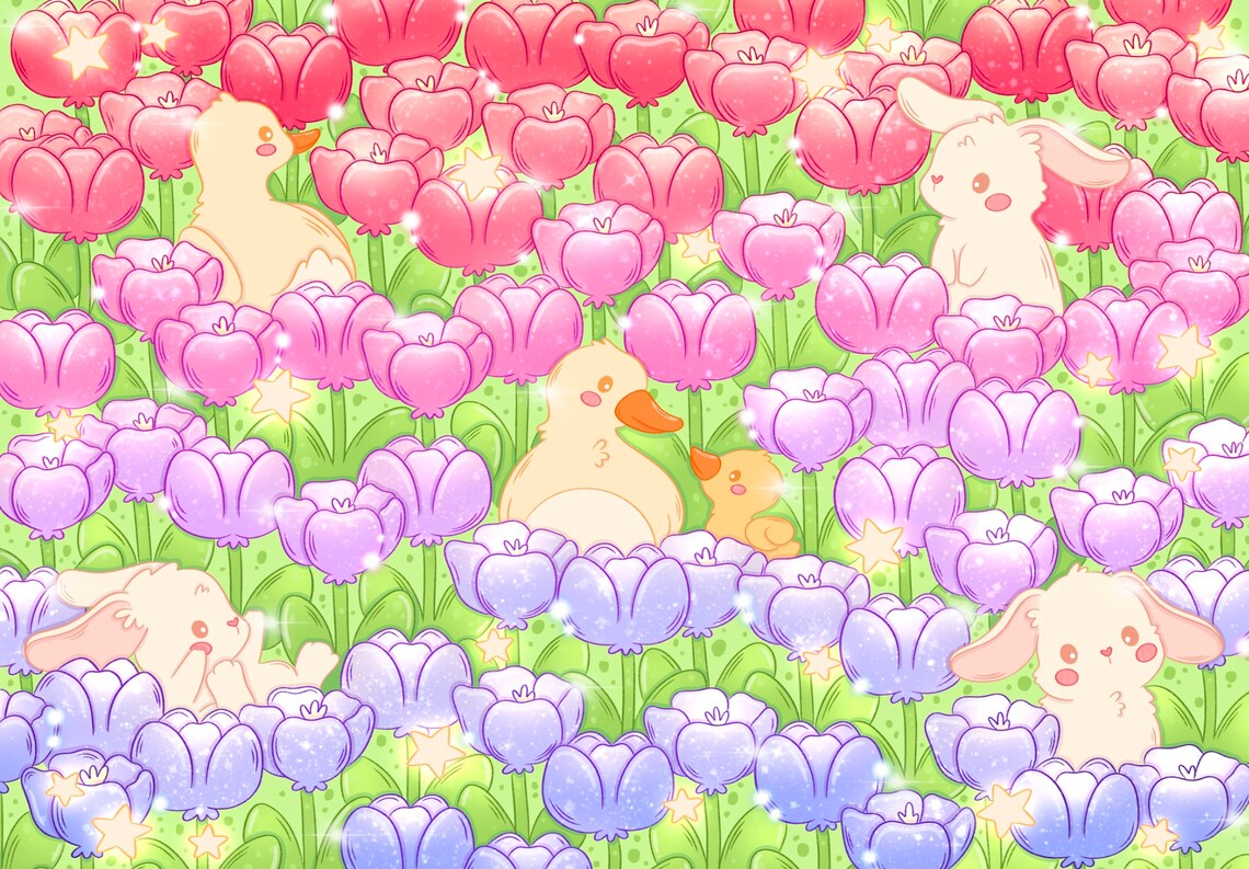 Kawaii Flower Field Coloring Page | Cute Animals (printable PDF) - Etsy