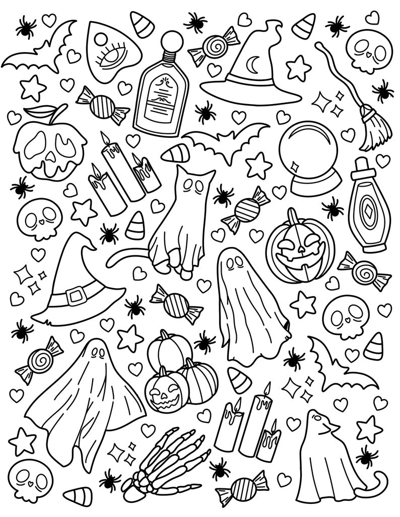 Spooky Halloween Coloring Page | Ghost, Potions, Jack-o-lanterns (PNG ...