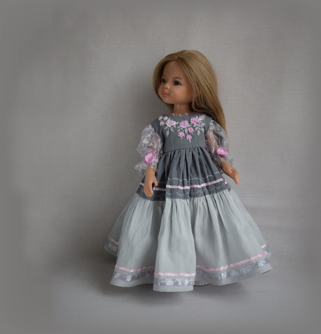 Gray Doll Dress for Little Darling by Dianna Effner, Paola Reina Doll. Flower Embroidered Linen ...
