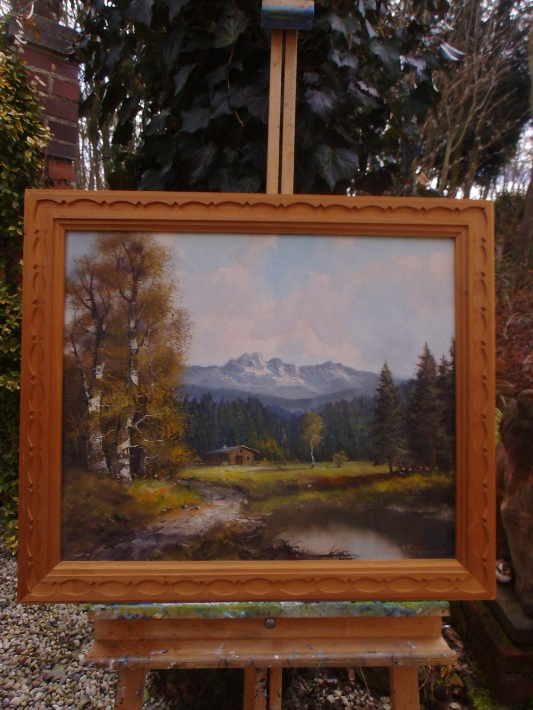 Ölgemälde Ölbild Gemälde Wandbild Berghütte Berge Landschaft Fluß Bach ...