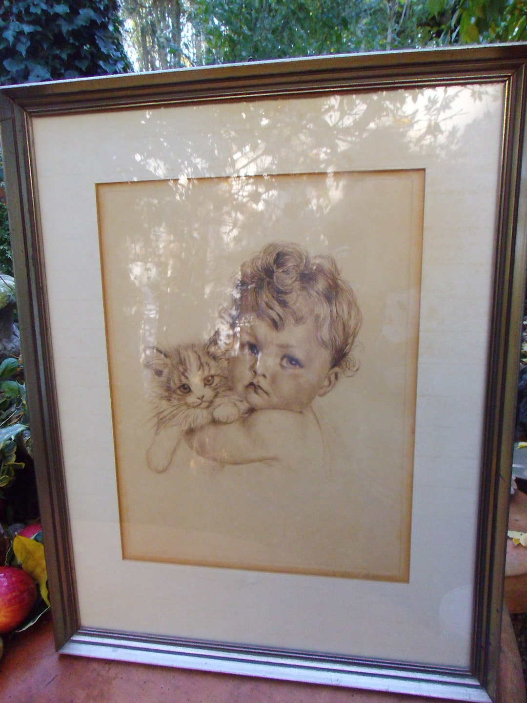 Meta Picking Tree Etching Cat Kitten Child Girl Boy Antique - Etsy