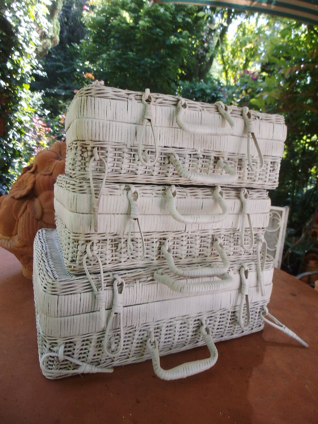3 Mid Century Shabby Rattan Suitcase Wicker Suitcase Wickerwork White ...