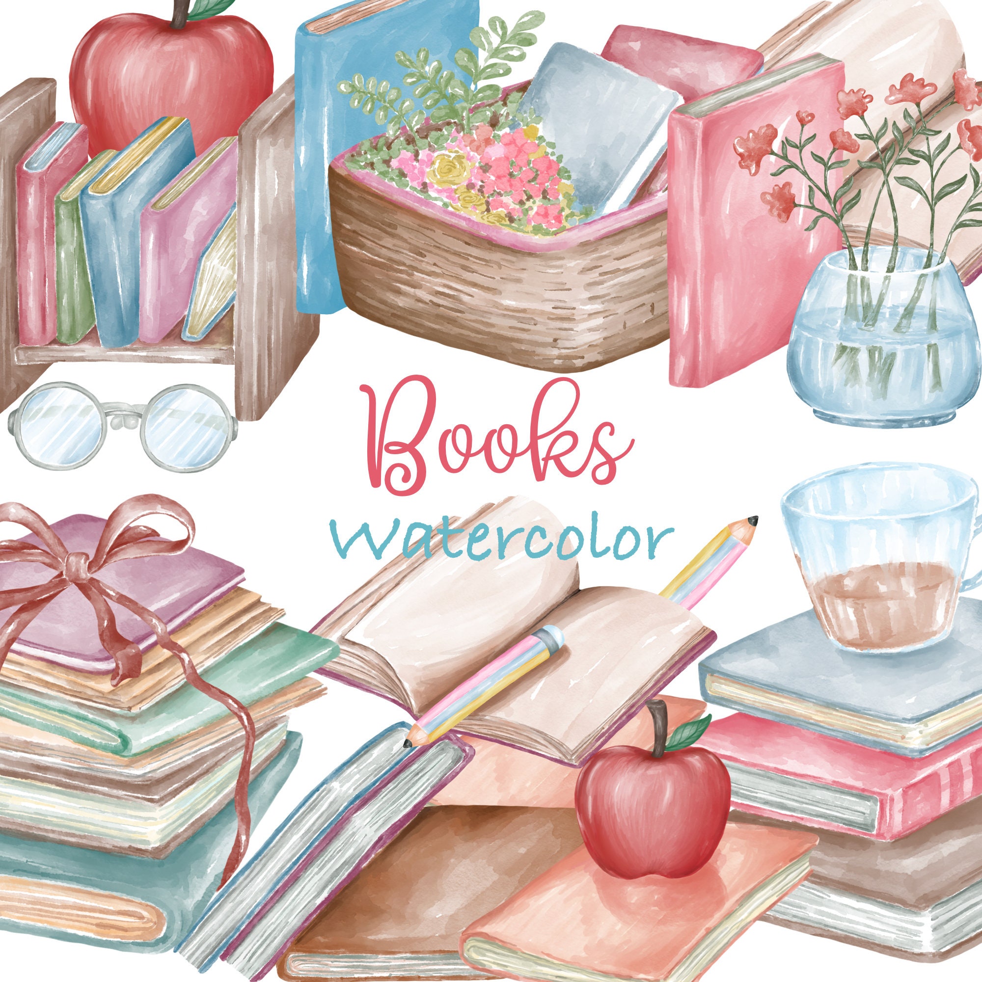 Book Watercolor Clipart, Back to School Clipart, Png, School Supplies ...