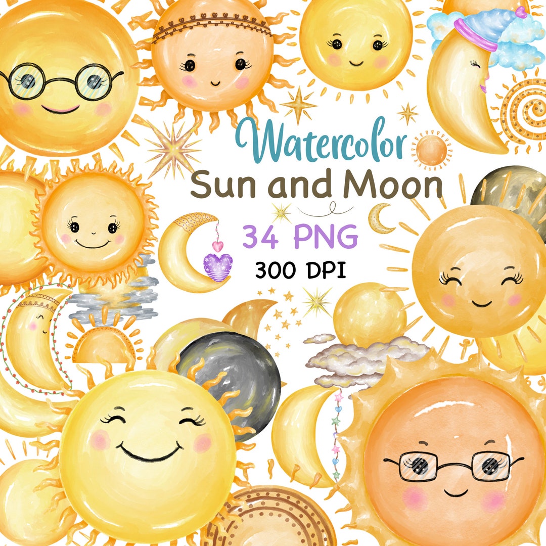 Watercolor Sun, Moon Clipart, Watercolor, Clipart, Png, Seasonal ...