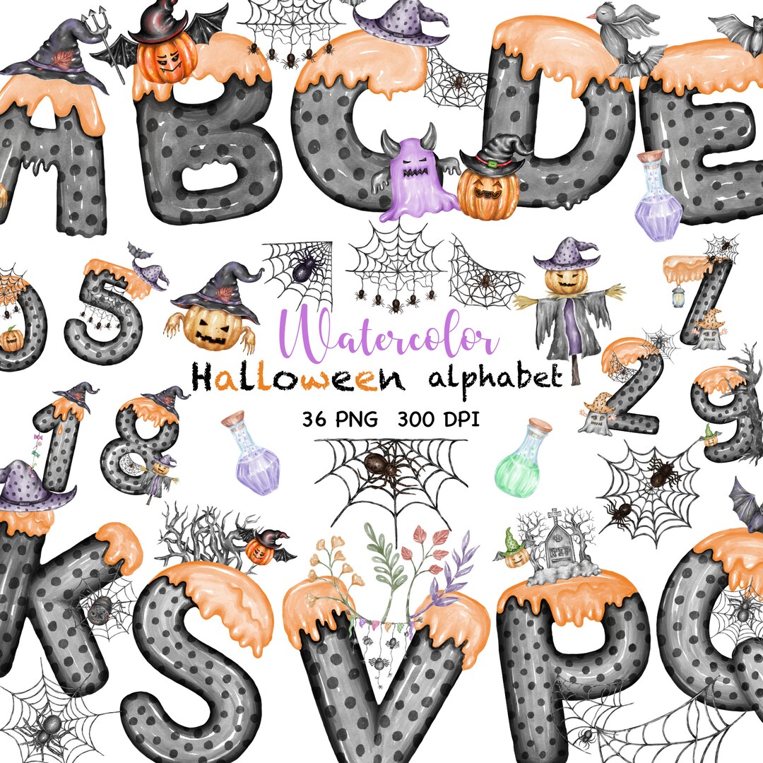 Watercolor Halloween Alphabet Clipart, Alphabet Clipart, Alphabet PNG ...