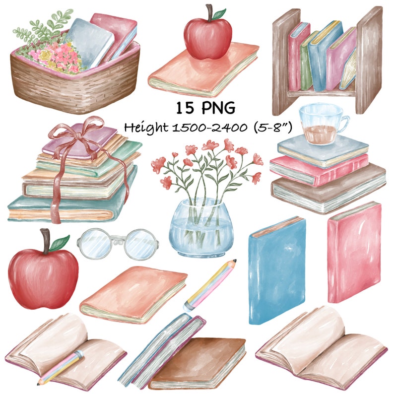 Book Watercolor Clipart, Back to School Clipart, Png, School Supplies ...