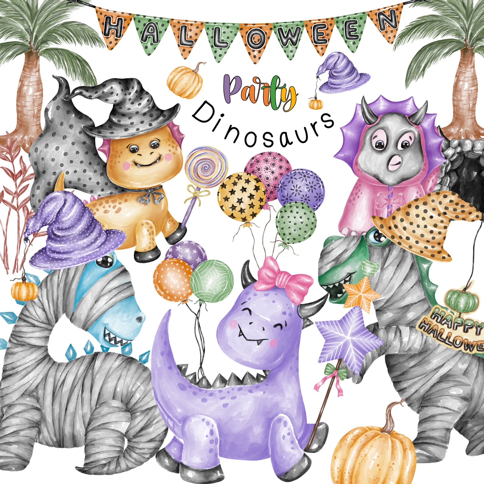 Halloween Dinosaur Watercolor Clipart, Halloween Dinosaur Clipart ...