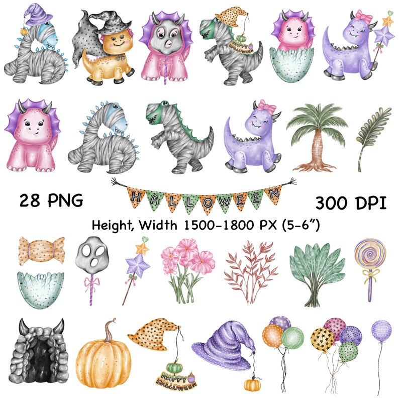 Halloween Dinosaur Watercolor Clipart, Halloween Dinosaur Clipart ...