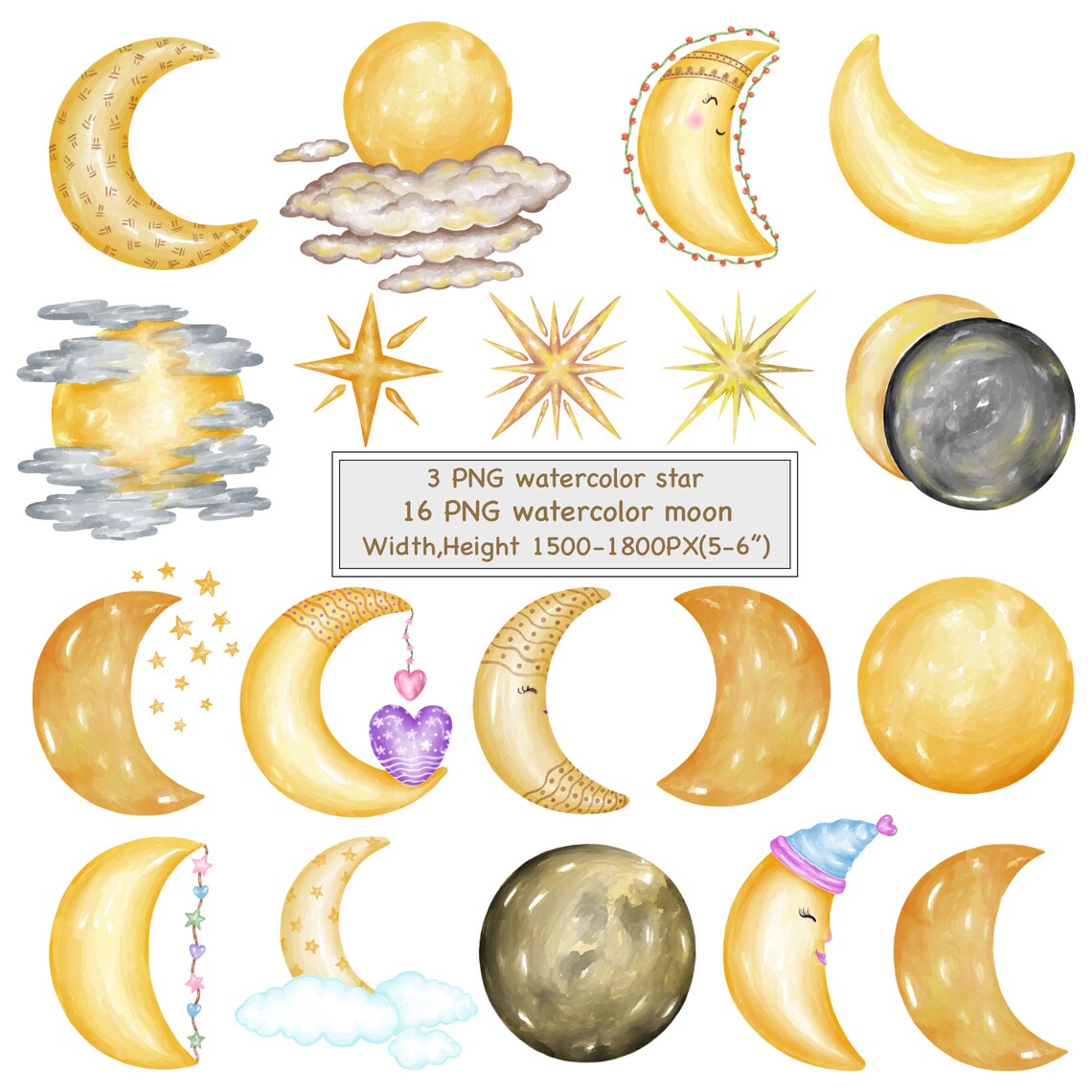 Watercolor Sun, Moon Clipart, Watercolor, Clipart, Png, Seasonal ...