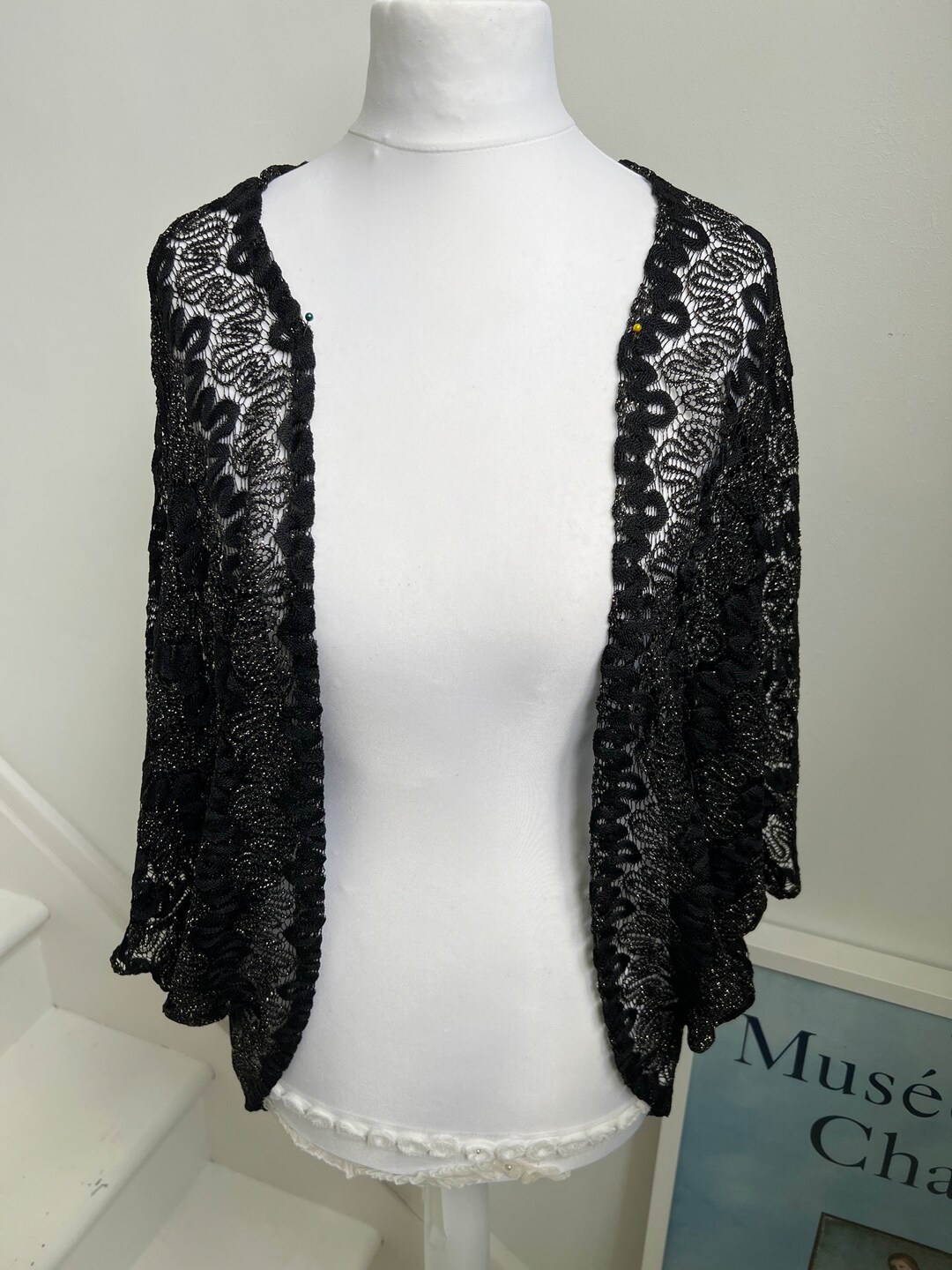 Vintage Black and Gold Metallic Shrug Cardigan Crochet Bat Winged Size ...