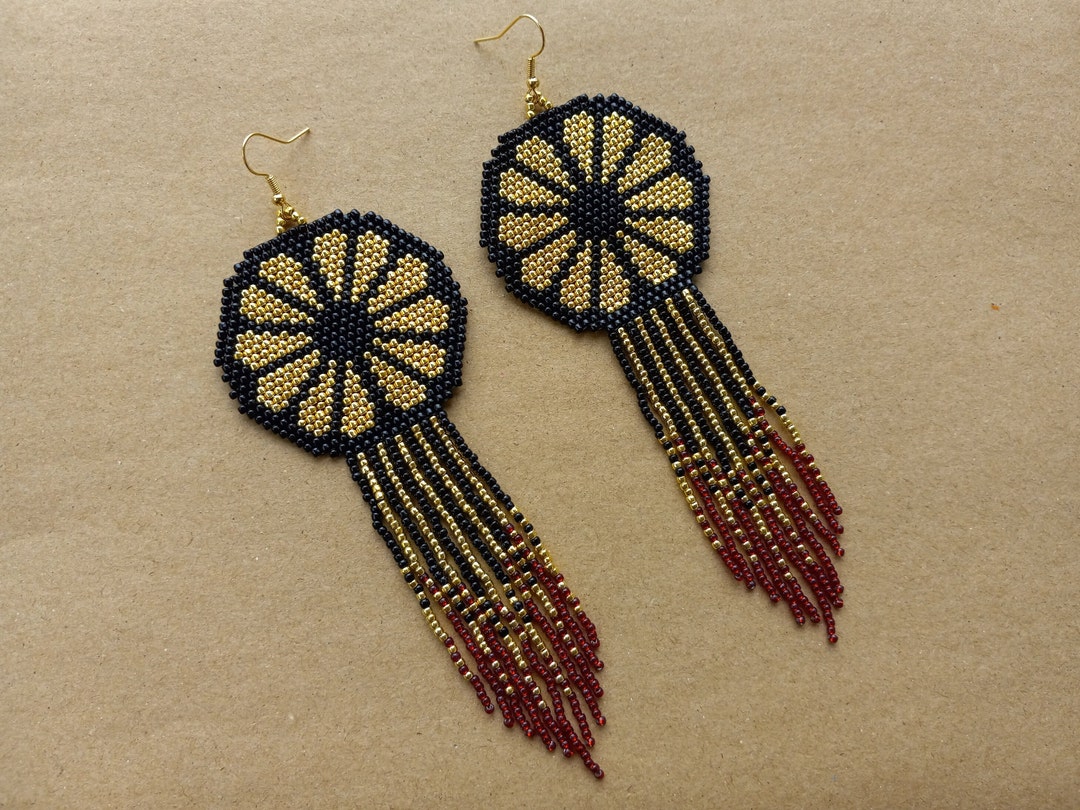Black, Gold, & Dark Garnet Romani Wheel Beaded Earrings - Etsy