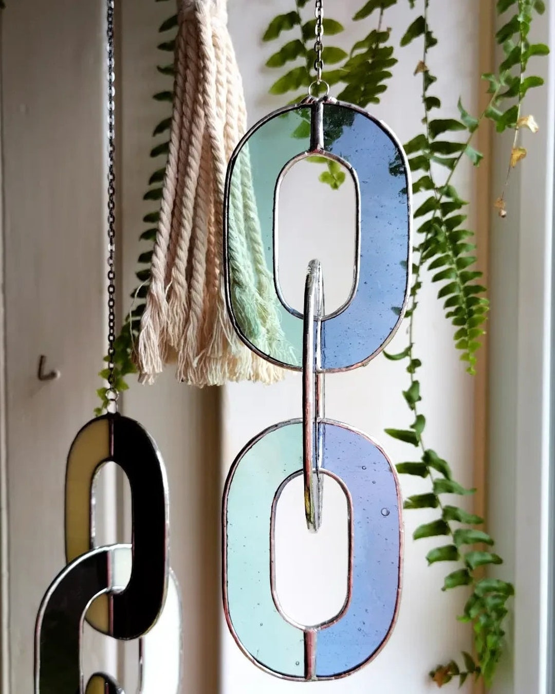 Stained Glass Chain Suncatcher, Blue & Sea Green Glass Chain - Etsy