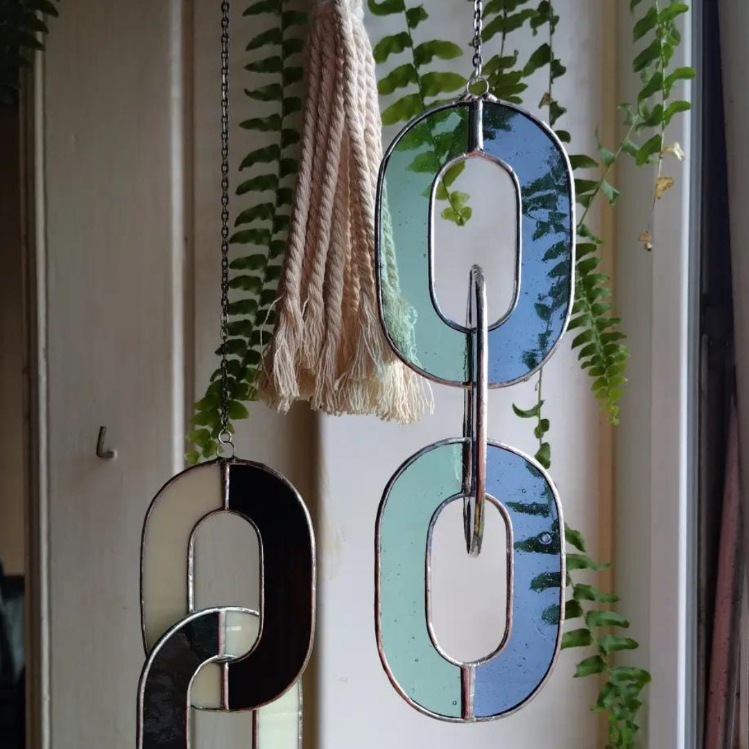 Stained Glass Chain Suncatcher, Blue & Sea Green Glass Chain - Etsy