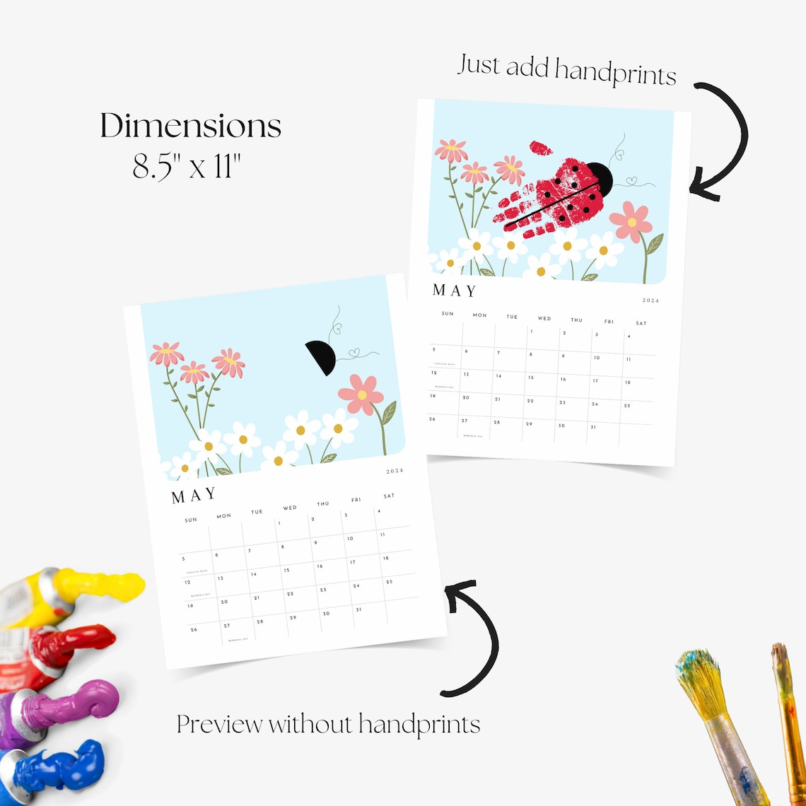 Printable 2024 Calendars 11 X 8.5 Inches Instant Down Handprint ...