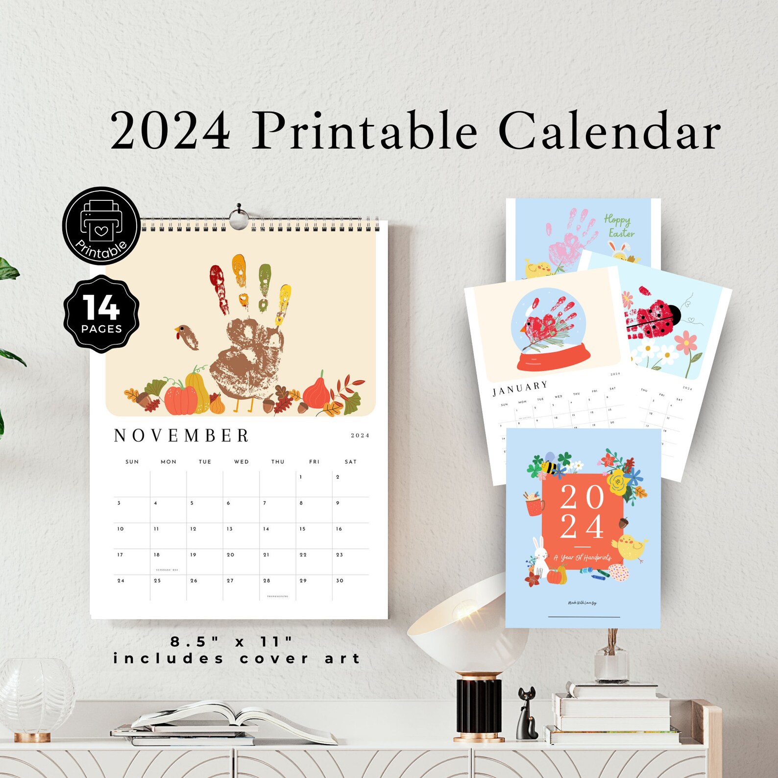 Printable 2024 Calendars 11 X 8.5 Inches Instant Down Handprint ...