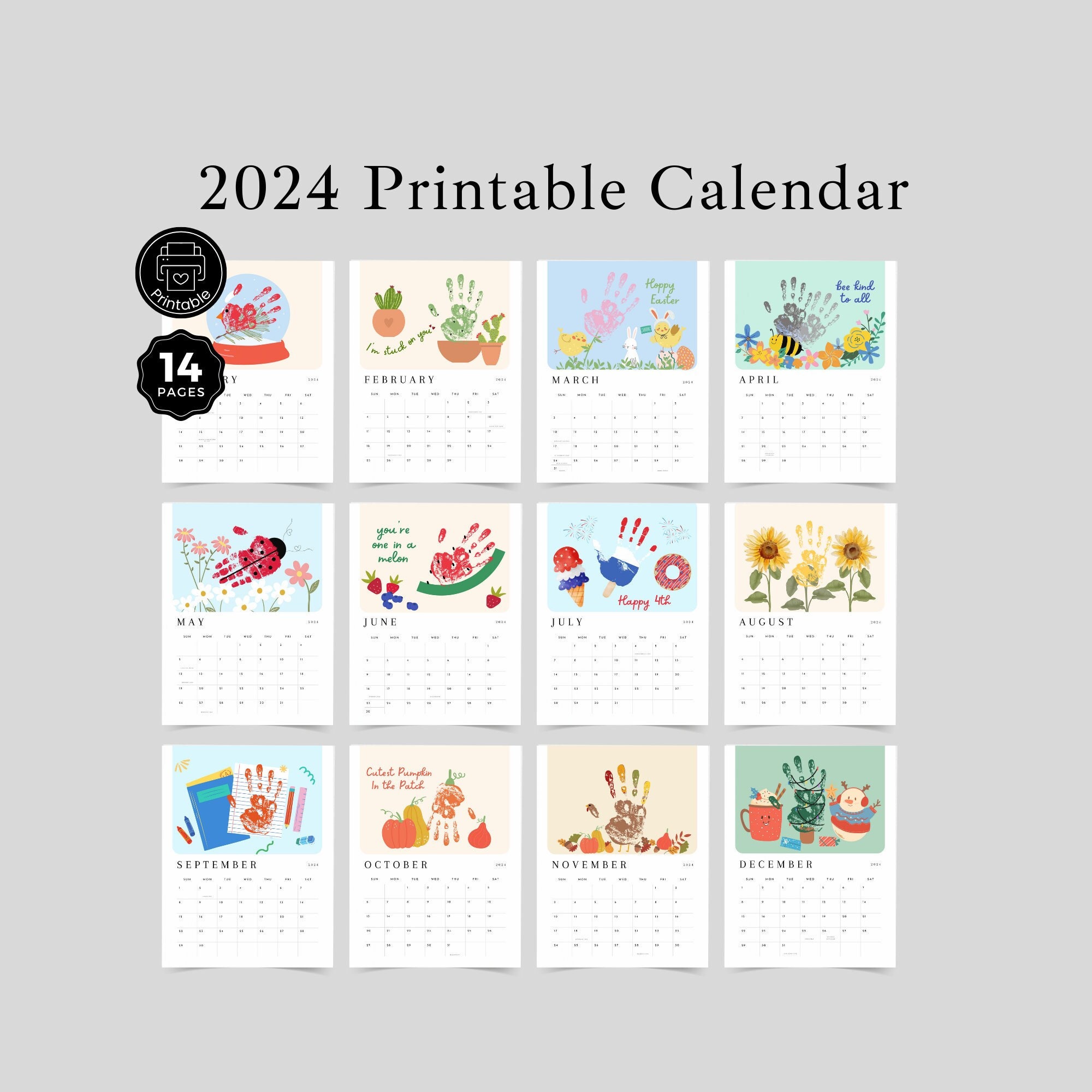 Printable 2024 Calendars 11 X 8.5 Inches Instant Down Handprint ...