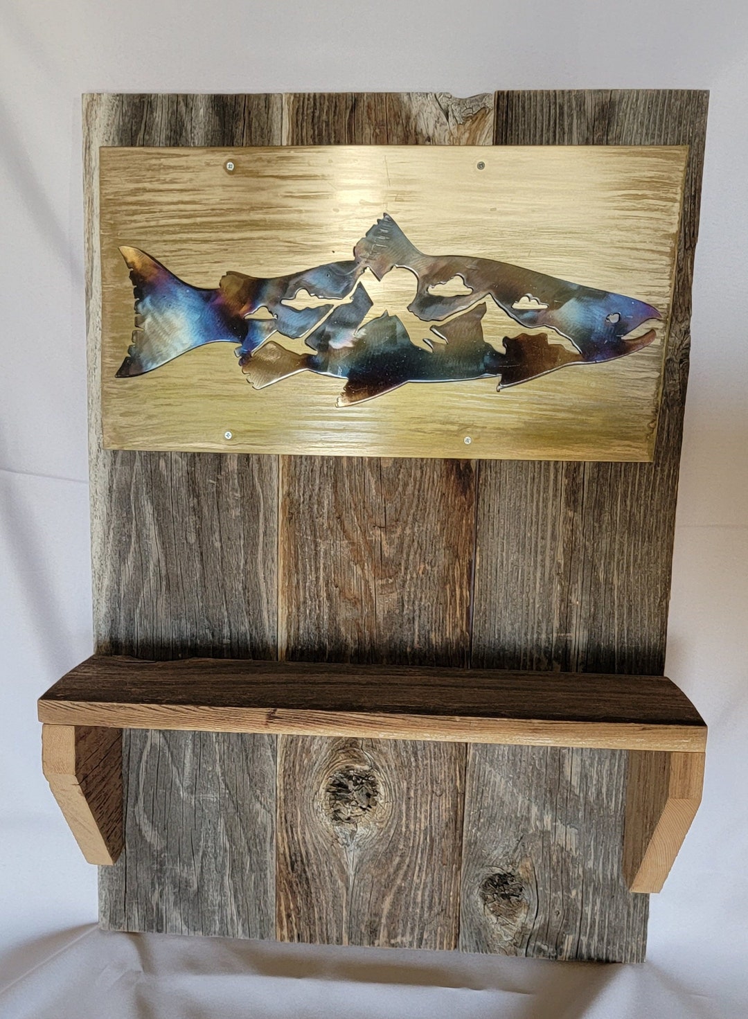Metal Fish on Reclaimed Wood Shelf - Etsy