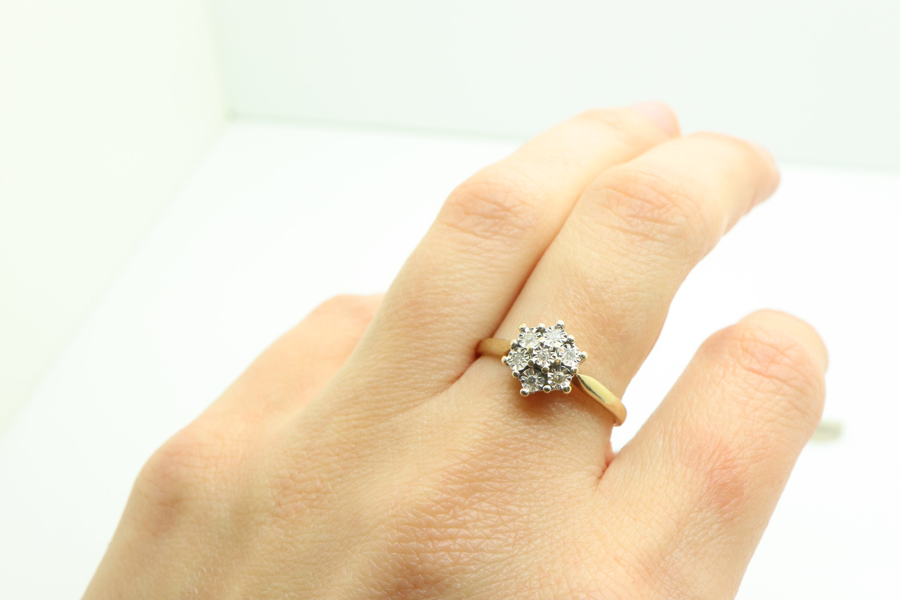 Vintage 9ct Yellow Gold Diamond Cluster Ring, Size 13 - Etsy Vintage 9ct Yellow Gold Diamond Cluster Ring, Size 13 - Etsy