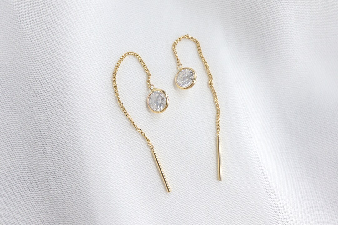 9ct Gold Long Drop Dangle CZ Chain Thread Earrings - Etsy