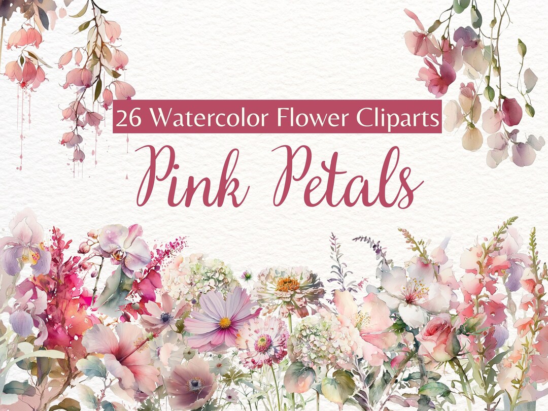 Pink Watercolor Flowers Clipart 26 High Quality Image Files - Etsy