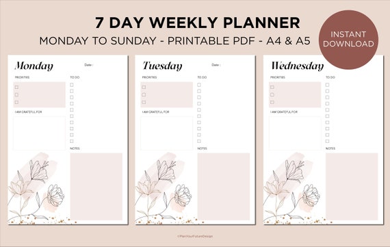 7 DAY WEEKLY PLANNER Printable A4 / A5 to Do List - Etsy