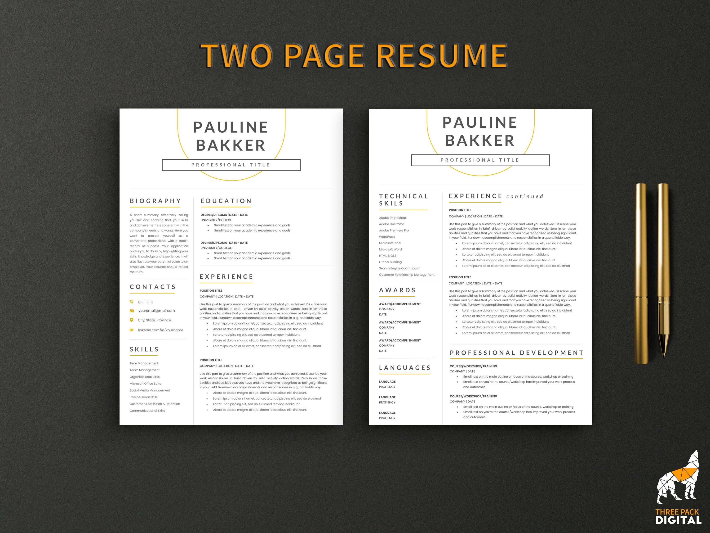 Modern Two Page Resume Template Professional CV Set Instant Download ...