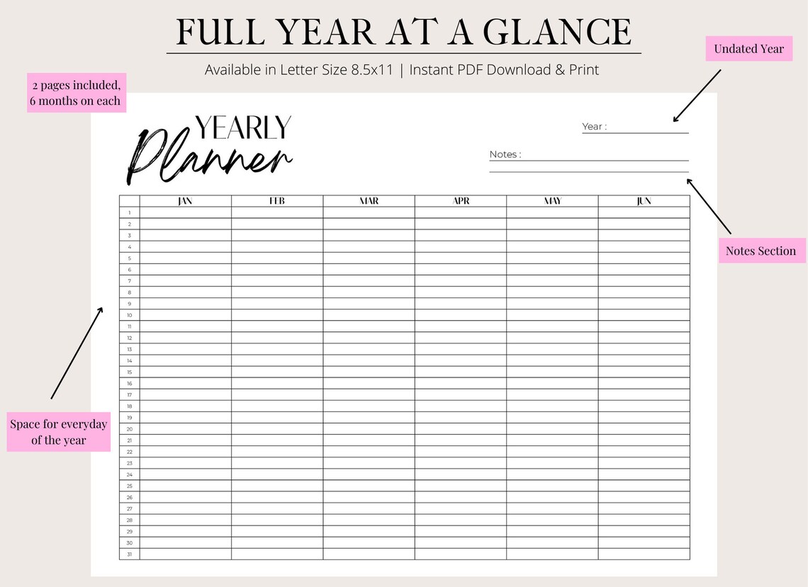 Half Year at a Glance | Printable | Minimalist | Modern | 2 Pages | 6 ...