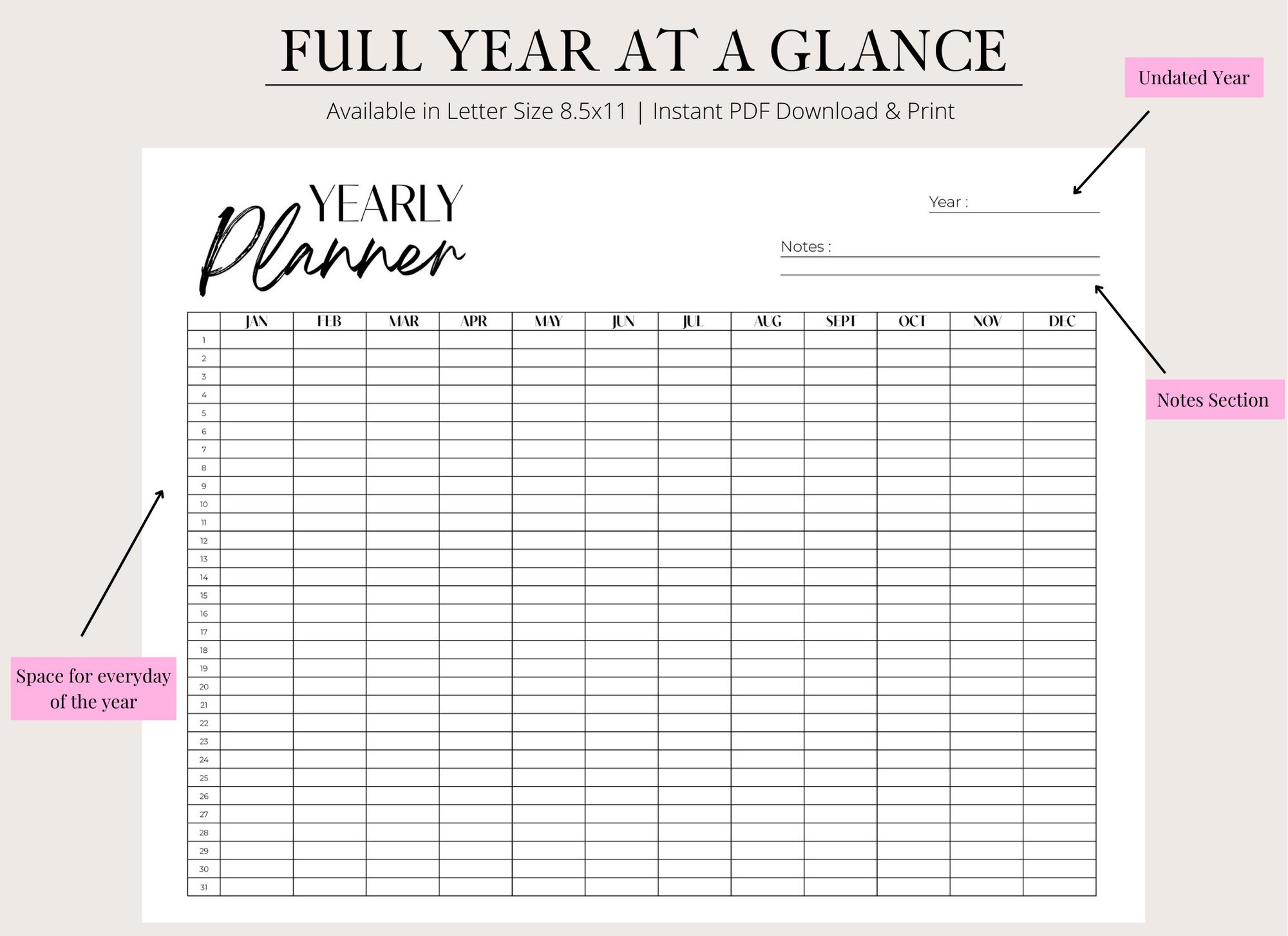 FULL YEAR at a Glance | Printable | Minimalist | Modern | 365 Days ...