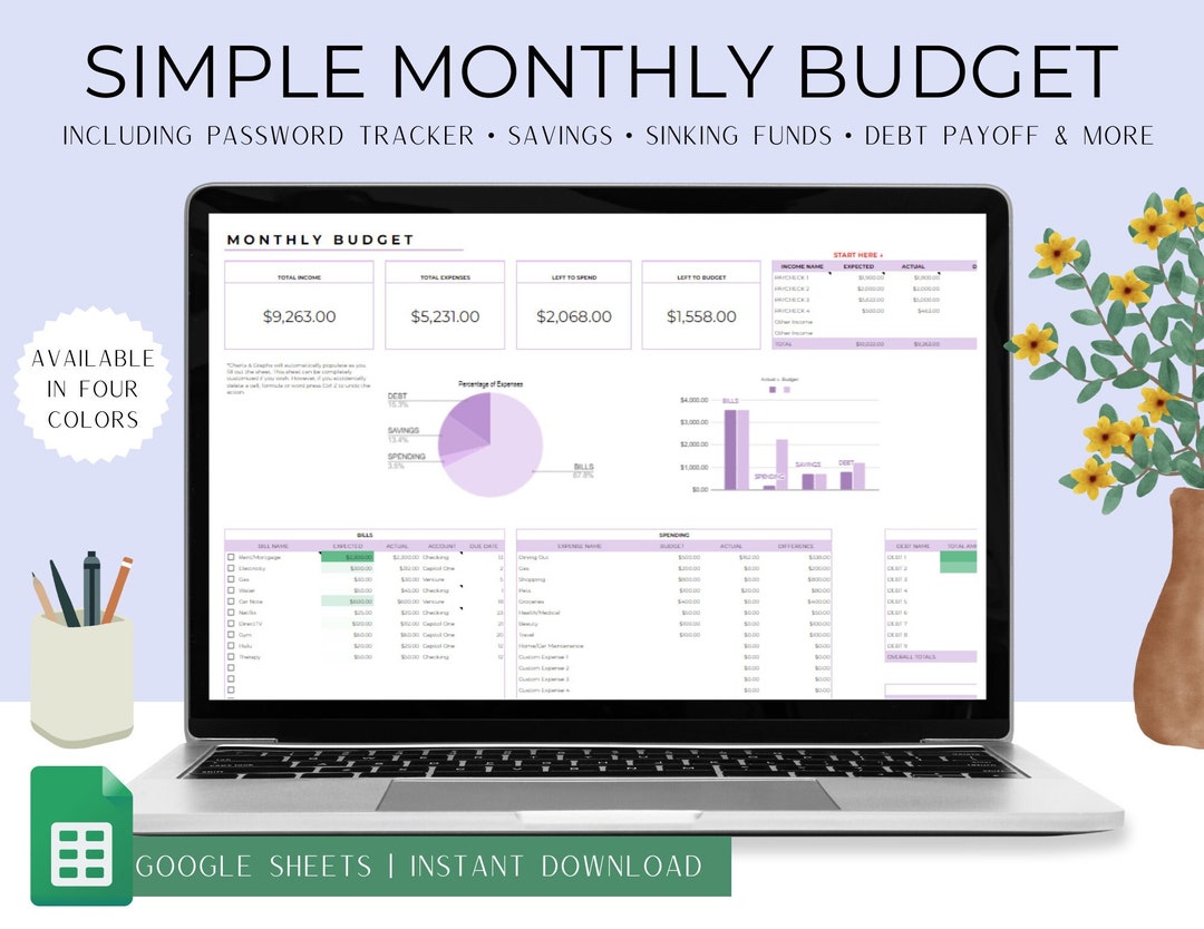 Simple Monthly Budget Google Sheet Spreadsheet | 4 Color Options | Debt ...