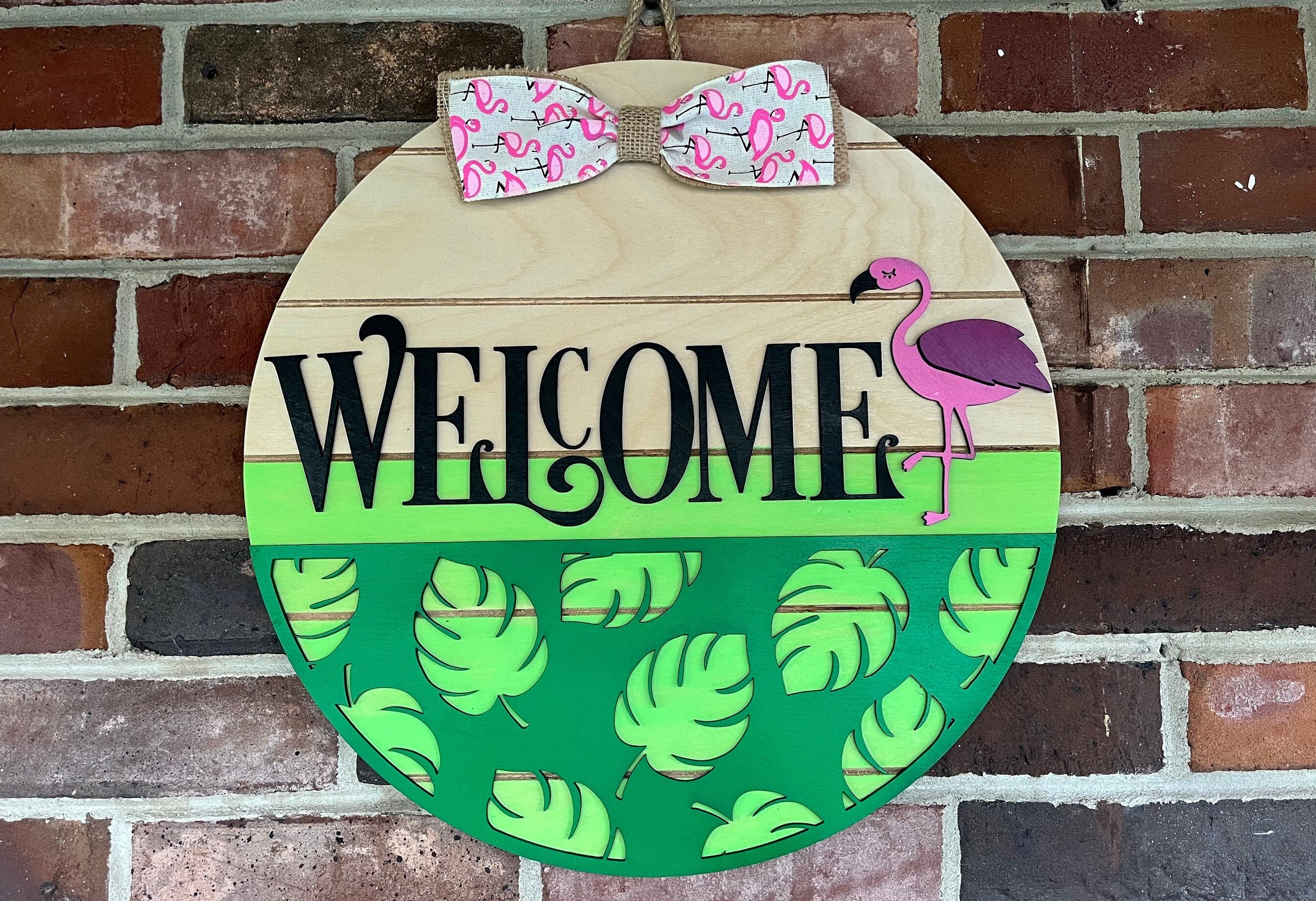 Flamingo Welcome Door Hanger Front Door Flamingo Wreath Front Door ...