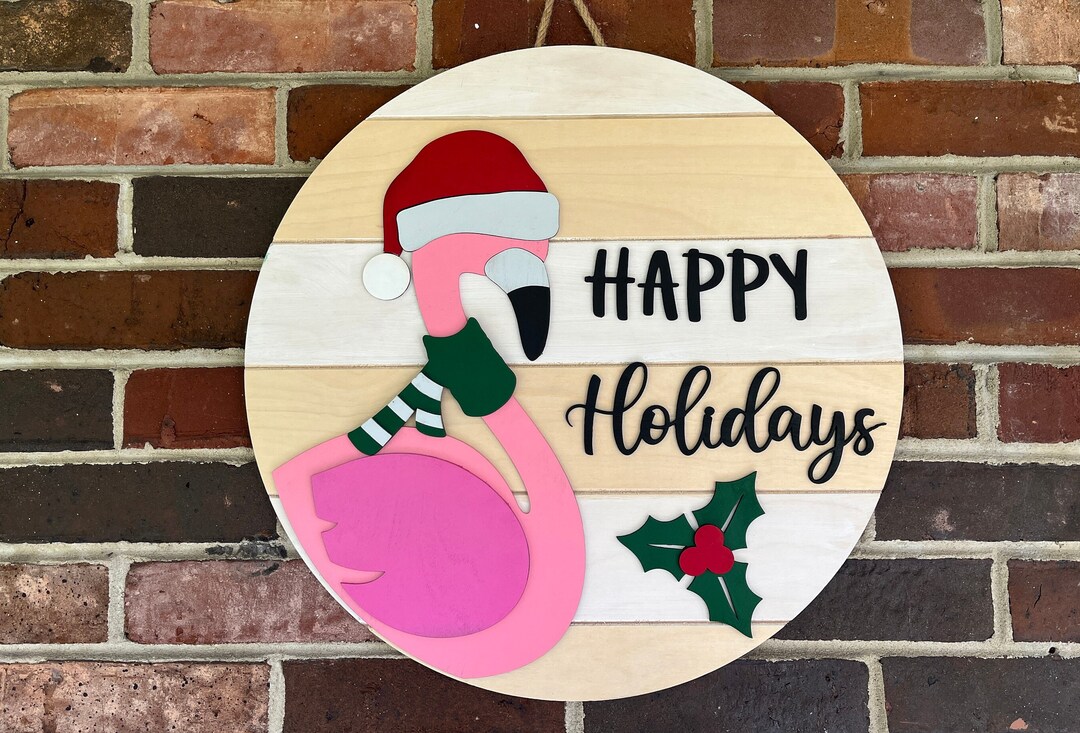 Flamingo Happy Holidays Door Hanger: Birch Wood Front Door Decor - Etsy