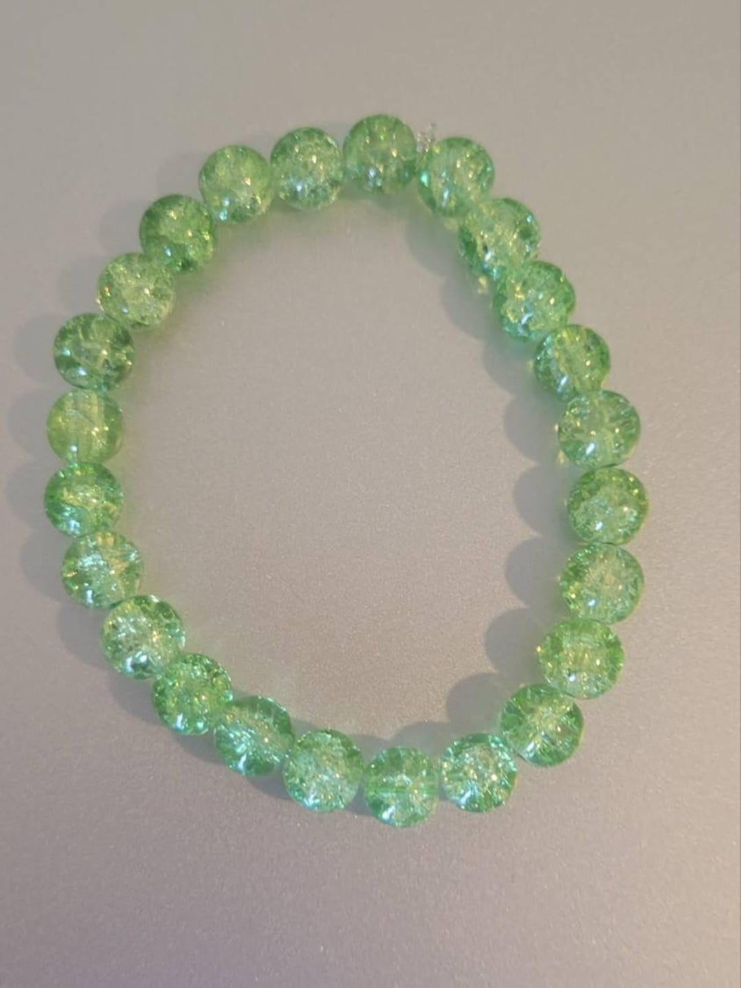 Light Green Beaded Bracelet , 8mm Crackle Glass Beads, Stretchy ...