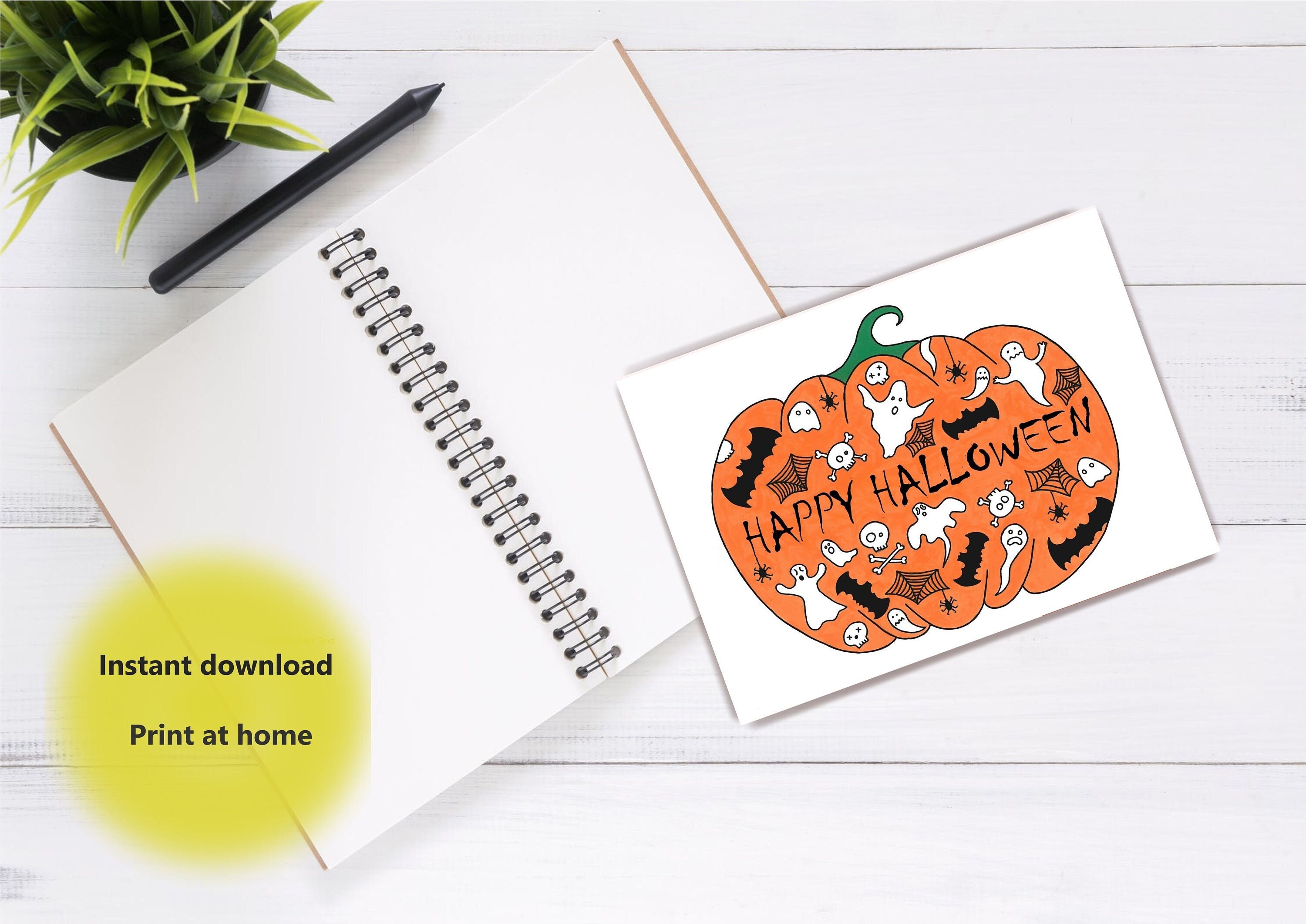 Halloween Printable Card Pumpkin & Ghosts, Digital Download, Halloween ...