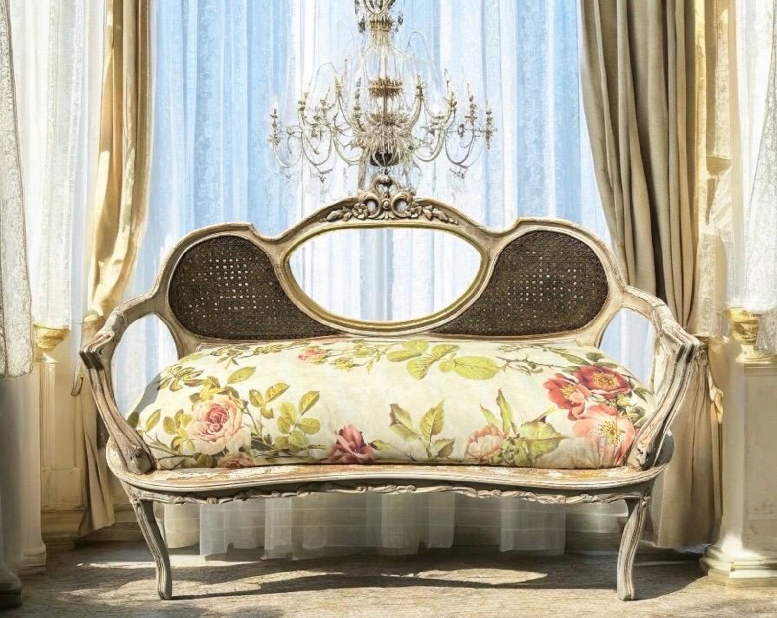 Coquette Bench Settee Chair With Cane Wicker Back - Etsy