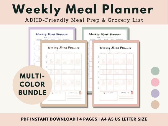 Weekly Meal Planner Printable ADHD Meal Planner Weekly Menu | Etsy