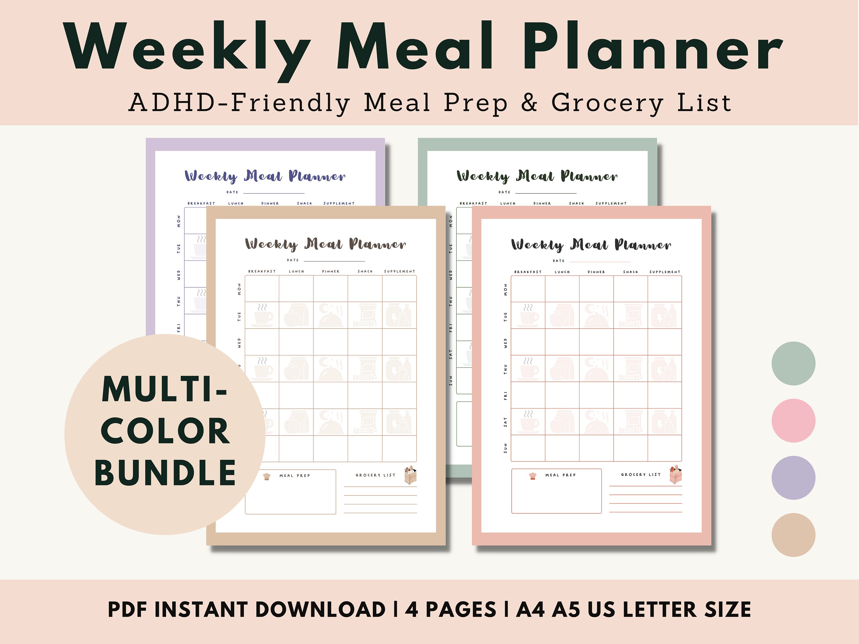 Weekly Meal Planner Printable ADHD Meal Planner Weekly Menu Etsy