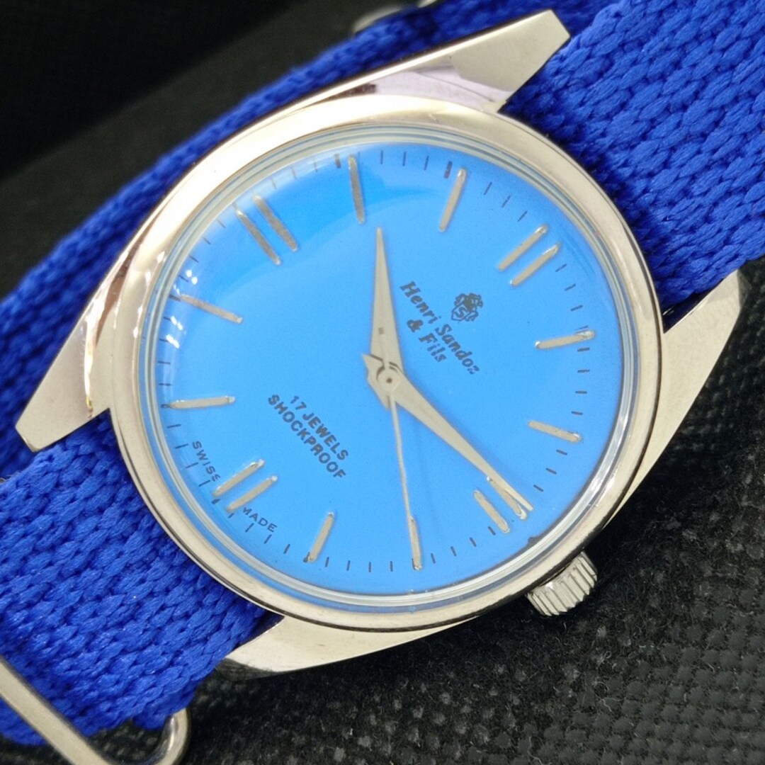 Mechanical Henri Sandoz & Fils Vintage Winding Swiss Mens Sky Blue Dial ...